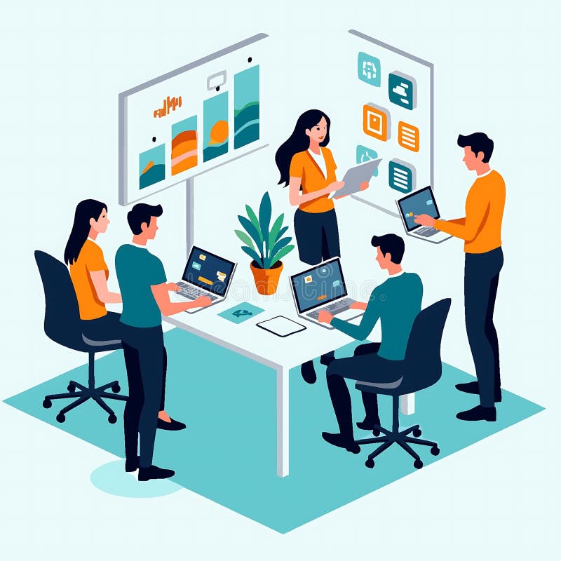 Team Meeting with Graph Presentation and Laptop Computers Stock Vector ...