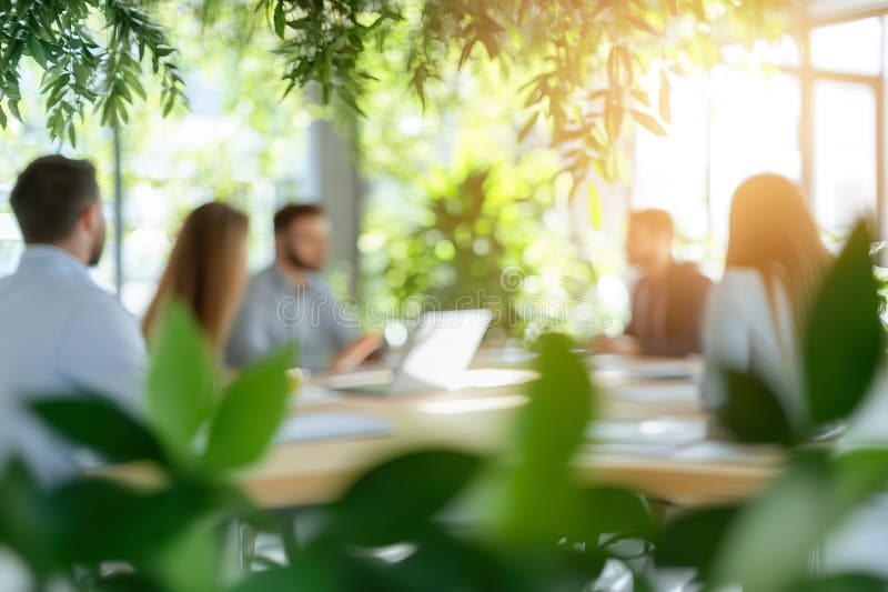 Team Meeting in Green Office with Natural Sunlight and Plants Stock ...