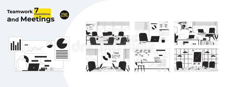 Team Meeting Rooms and Office Setup Outline Illustrations Mega Bundle ...