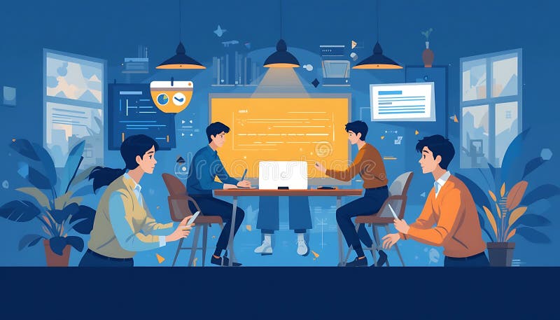 Team Meeting at Shared Table with Laptop in Modern Workspace Stock ...