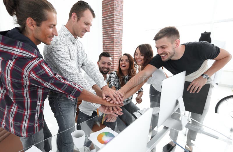 Team Meeting are Stacked Hands in Creative Office. Stock Photo - Image ...