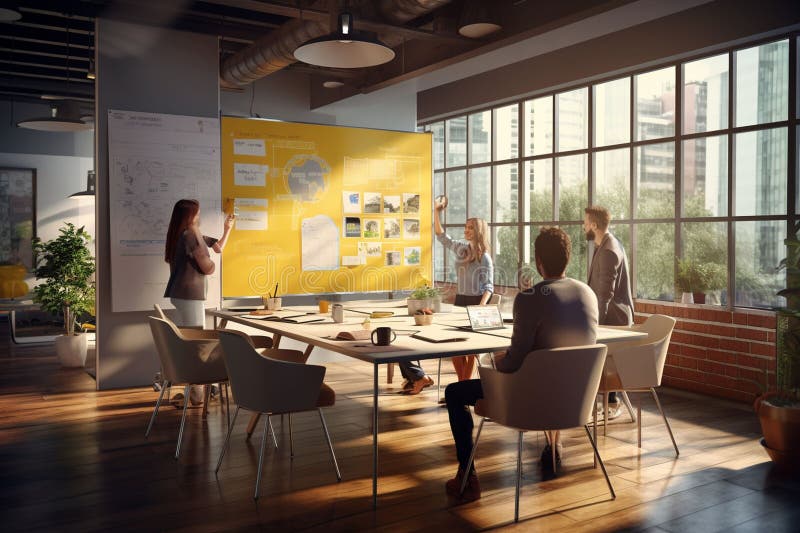 Team Meeting with a Whiteboard and Sticky Notes Stock Illustration ...