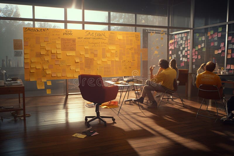 Team Meeting with a Whiteboard and Sticky Notes Stock Illustration ...