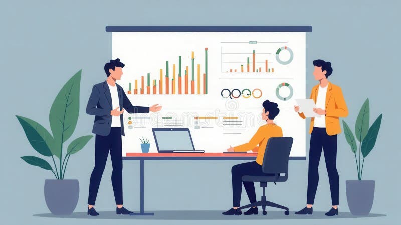 Team Members Analyzing Business Data during a Presentation in an Office ...