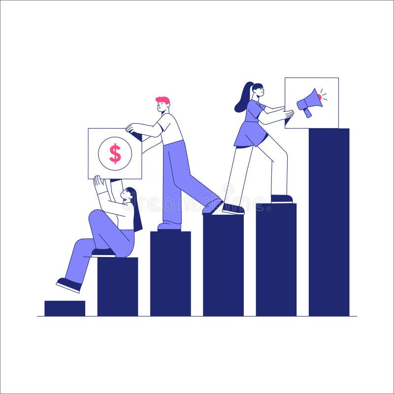 Team Members Building Bar Graph in Flat Vector Illustration Symbolizing ...