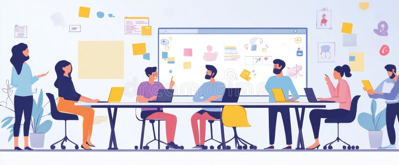 Team Members Collaborate at a Long Table in a Bright Modern Office ...