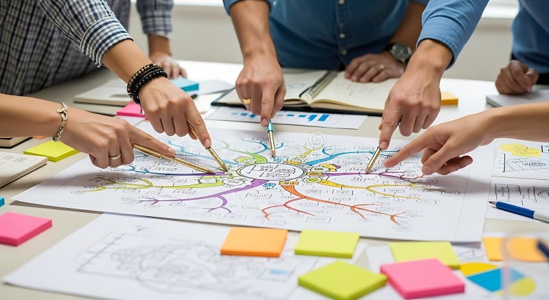 Brainstorming Session with Team Pointing at Mind Map on Table Stock ...