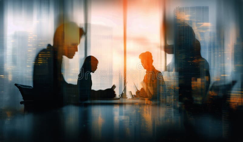 Team Members Collaborating in a Modern Office during Sunset Hours in a ...