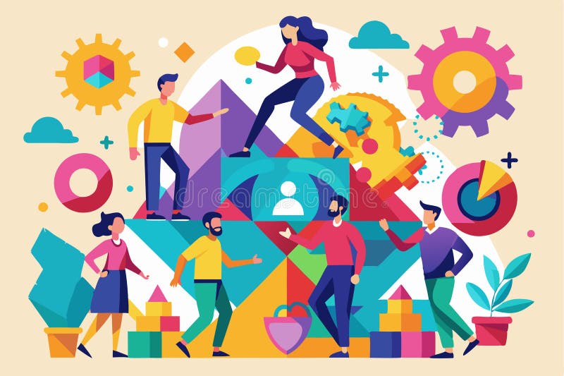 Team Members Engage in a Collaborative Activity Surrounded by Vibrant ...