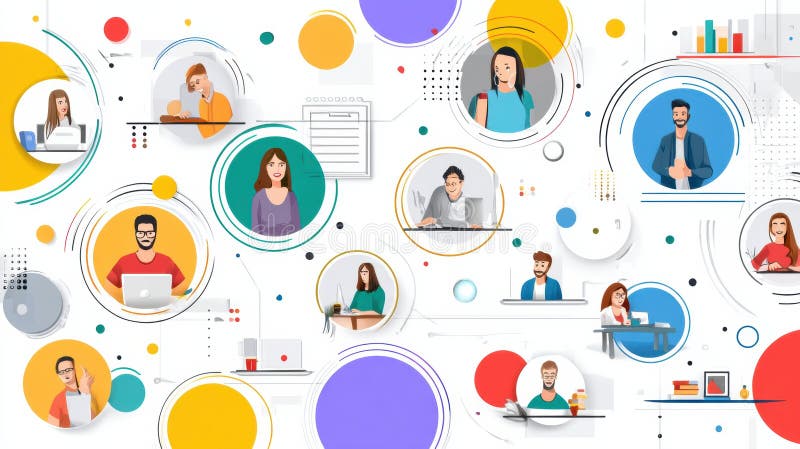 Remote Team Members Collaborate in Vibrant Circular Layout Showcasing ...