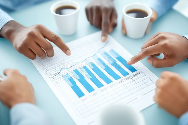 Team Members Examining Chart with Upward Trend while Pointing at Data ...