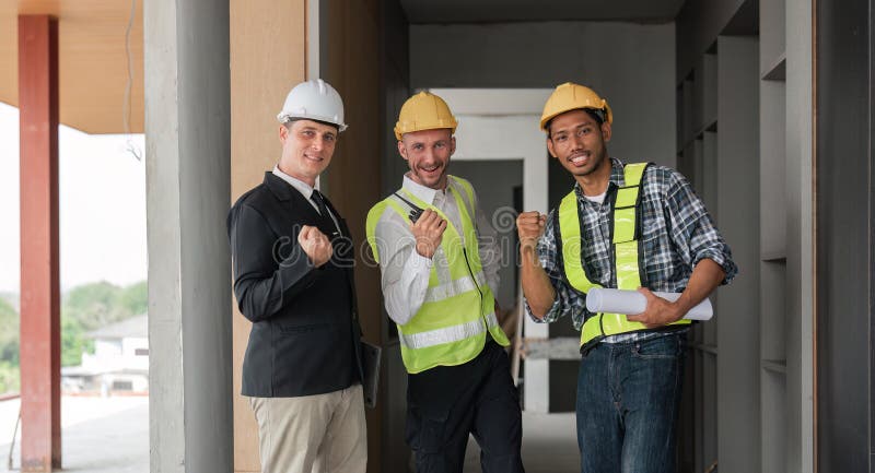 Team Man Engineers Success Cheerful and Protective Helmet Construction ...