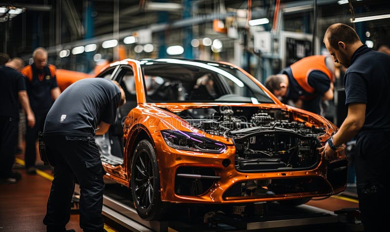 Team of Men Working on Car Assembly in Factory Stock Photo - Image of ...
