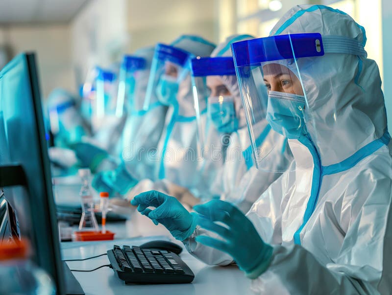 A Team of Microbiologists in Protective Suits and Masks Stock Photo ...