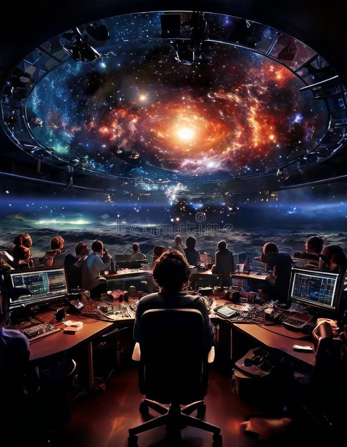 Team Monitoring Space Simulation with Galaxy Visualization Stock Image ...