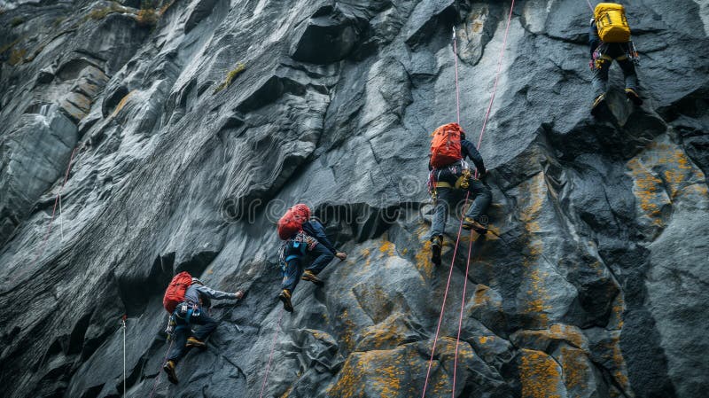 Team of Mountaineers Climbing a Steep Rock Face with Ropes Stock Photo ...