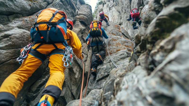 Team of Mountaineers Climbing a Steep Rock Face with Ropes Stock Photo ...
