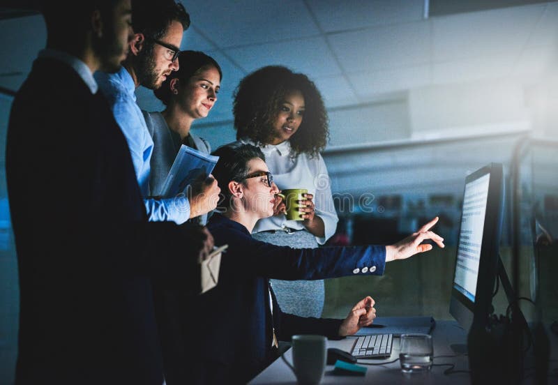 Team, Night and Business People on Computer for Training or Coaching on ...