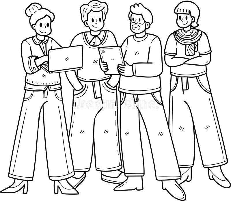 Team of Office Workers Planning Work Illustration in Doodle Style Stock ...
