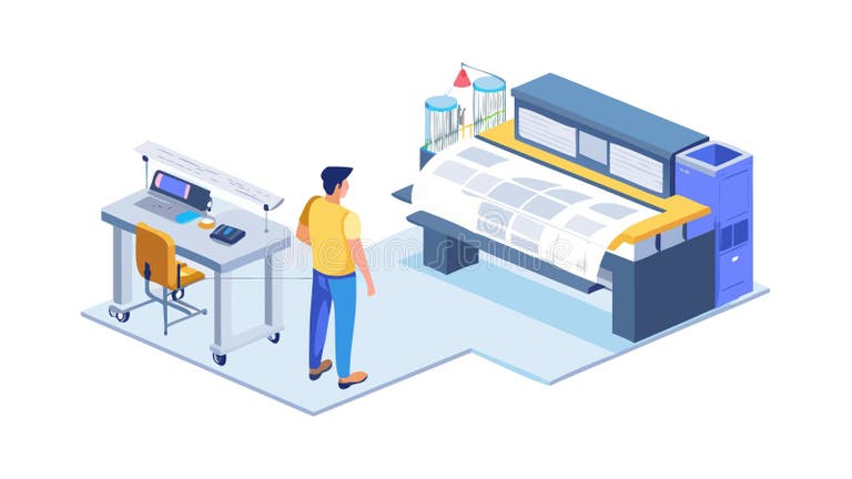 Team Operating a Large Format Industrial Printer, Vector Design ...