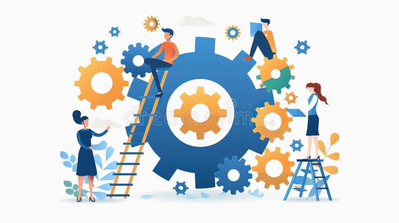 Team People Collaborating on a Project with Gears and Ladders in a ...
