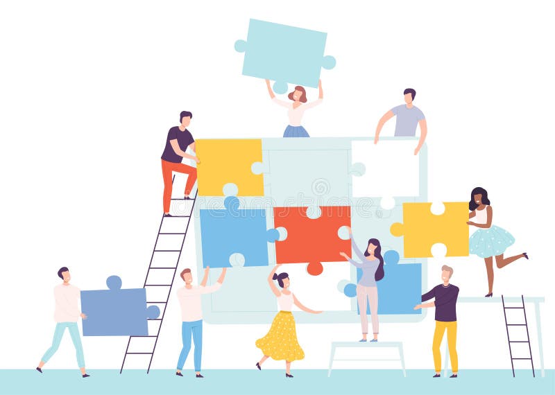 Team of People Connecting Puzzle Elements, Men and Women Assembling ...