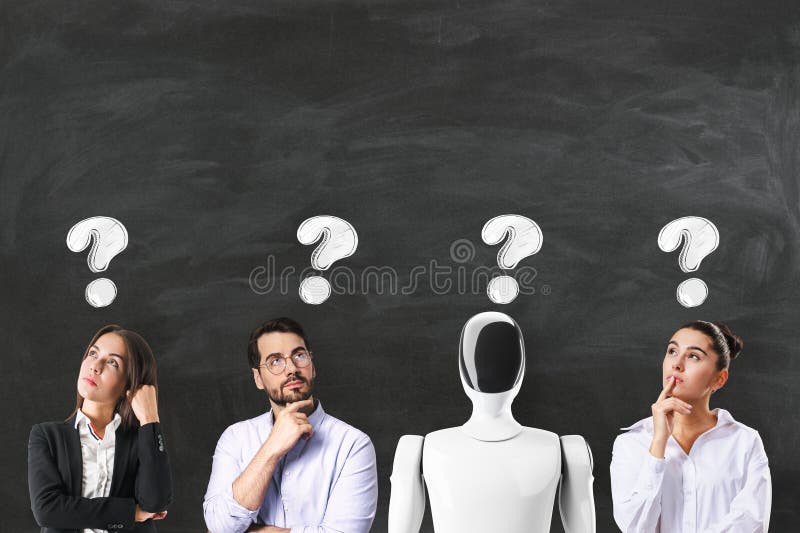 Team of People and Robot Thinking with Question Marks Above Heads on ...