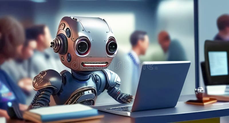 Robot Works at Laptop in the Office Interior. Generative AI Stock ...