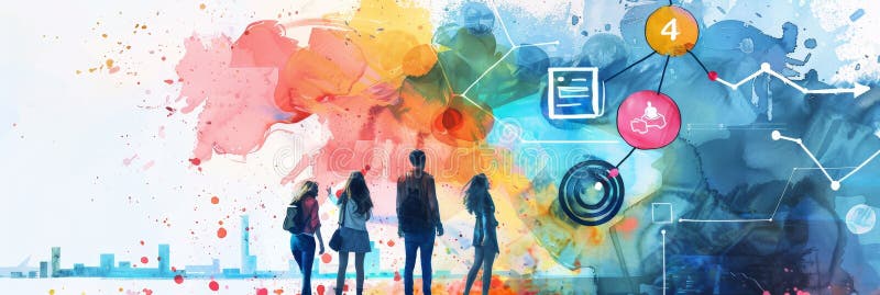 A Team of People Stand in Front of a Colorful Abstract Background ...