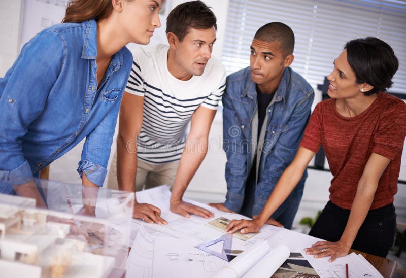 Team, Planning and Architects with Blueprint for Discussion, Building ...