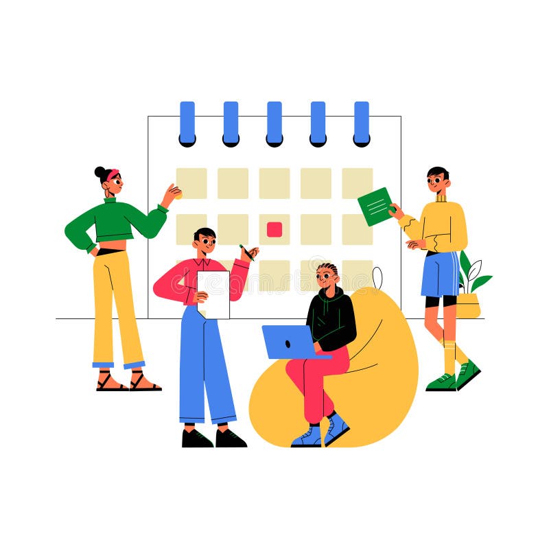 Team Planning Around Calendar with Office Tools in Flat Vector ...