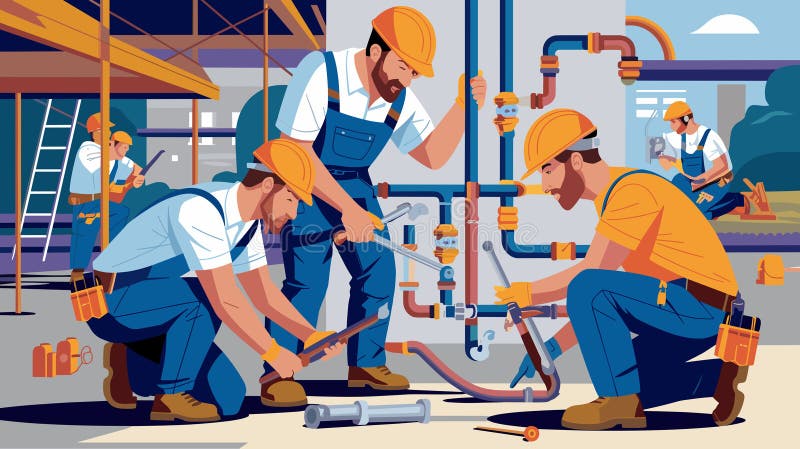 A Team of Plumbers Collaborates To Install a Complex Network of Pipes ...