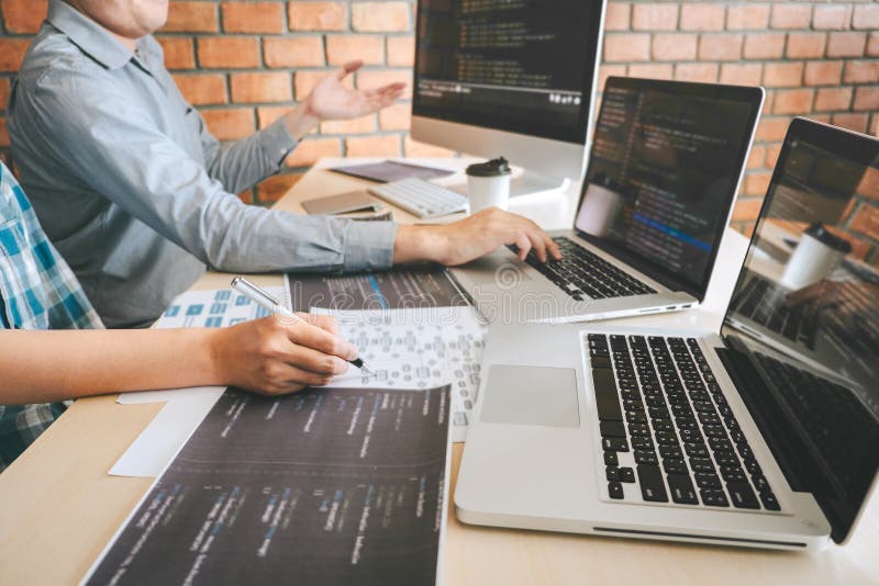 Team Of Professional Developer Programmer Cooperation Meeting And Brainstorming And Programming