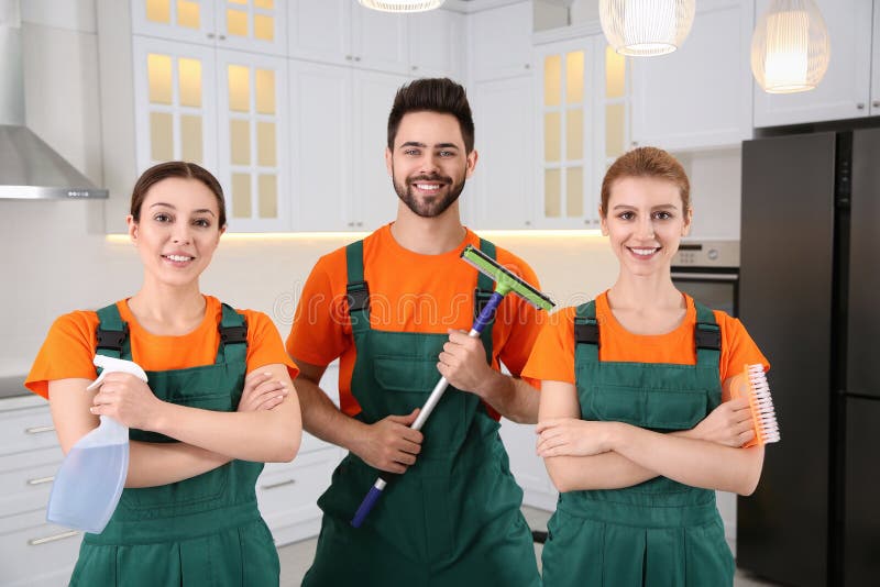 Team of Professional Janitors in Kitchen. Cleaning Service Stock Image ...