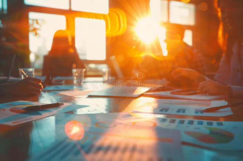 Team of Professionals Analyzing Project Plans on a Desk Filled with ...