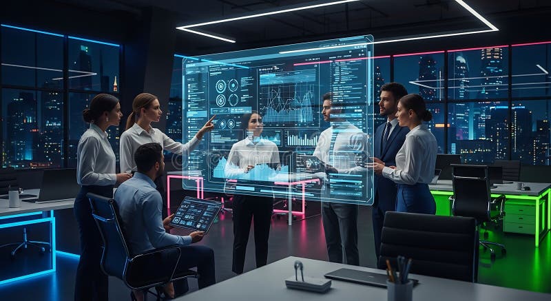 Team of Professionals Collaborating on Advanced Holographic Technology in a Futuristic Tech Lab ...