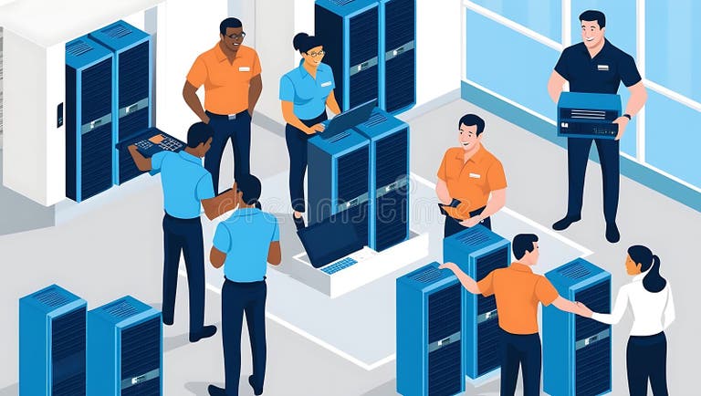 Team of Professionals Collaborating in a Modern Data Center with Server Racks, Laptops, and a ...