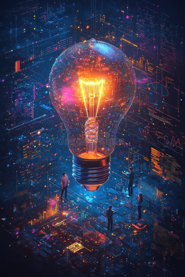 Illuminated Teamwork Concept with a Glowing Light Bulb and Digital ...