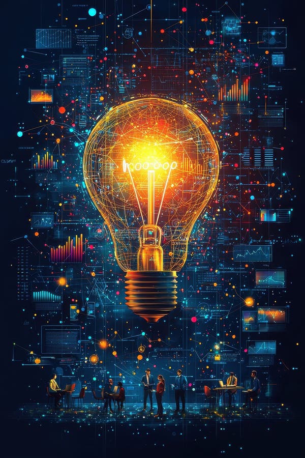 Illuminated Teamwork Concept with a Glowing Light Bulb and Digital ...