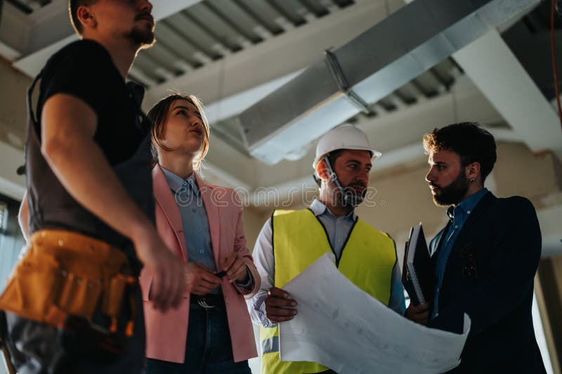 Team of Professionals Discussing Construction Plans Inside a Building ...