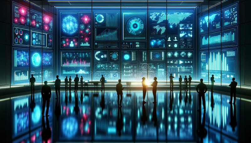 A Team of Professionals Monitors a Wall of Glowing Futuristic Screens ...