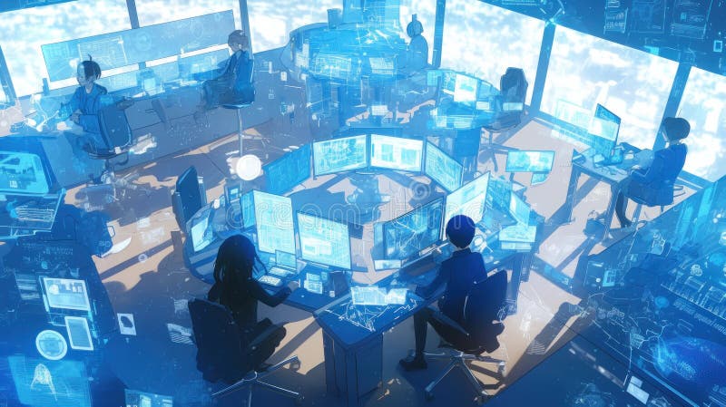 A Team of Professionals Work in a Futuristic Office with Multiple ...