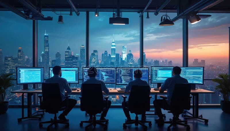 Team of Programmers Collaborating on Software Development in Modern Office Overlooking City ...