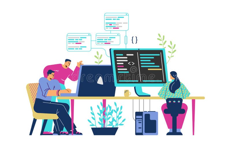 Team Of Programmers Or Developers At Work Flat Vector Illustration Isolated Stock Vector