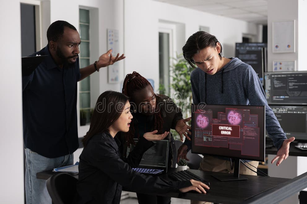 Team Of It Programmers Having Web Server Hacked Stock Image Image Of
