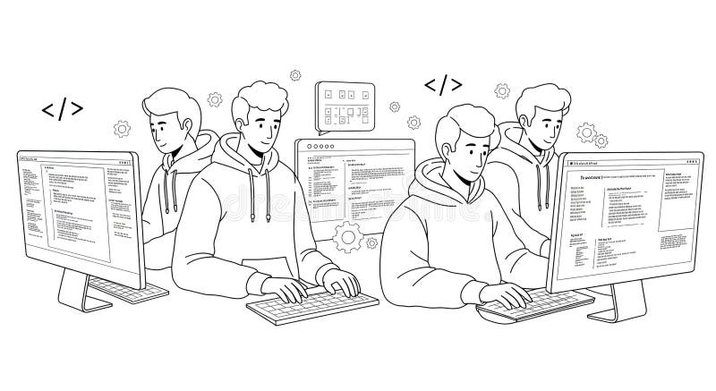 Team of Programmers Working on Software Development Stock Illustration - Illustration of ...