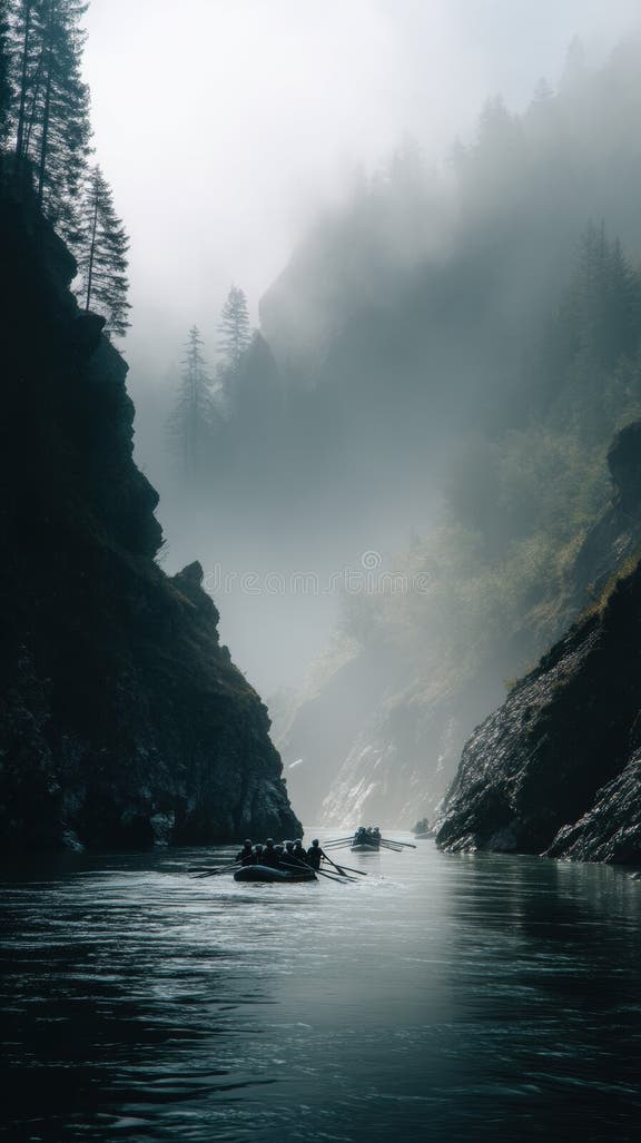 Team of Rafters Rowing in Sync through Misty Gorge, Surrounded by ...