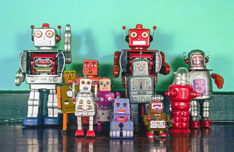 Retro Tin Toy Robots on a Bookshelf Stock Photo - Image of collectable ...