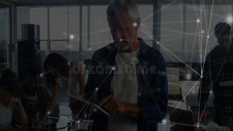 Team Reviewing Data in Office, Male Activating Network Overlay by ...