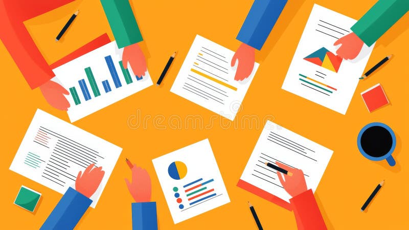 Team Reviewing Financial Forecasts and Documents Stock Illustration ...